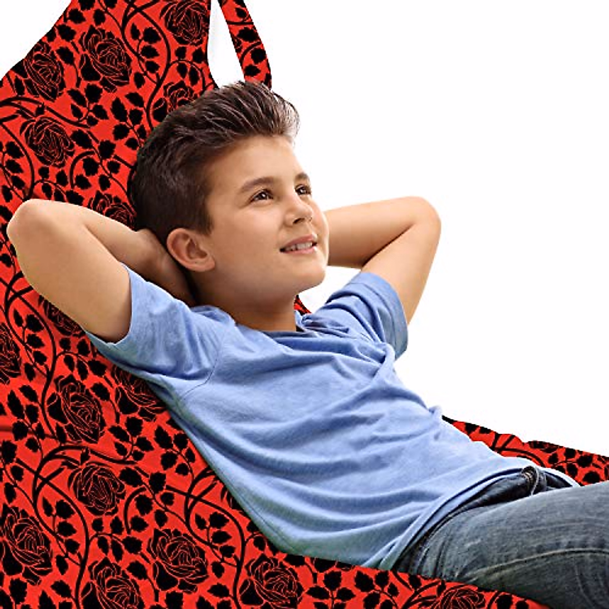 Lunarable Floral Lounger Chair Bag, Romantic Rose Bouquets with Swirling Branches Romantic Love Themed, High Capacity Storage with Handle Container, Lounger Size, Charcoal Grey and Vermilion