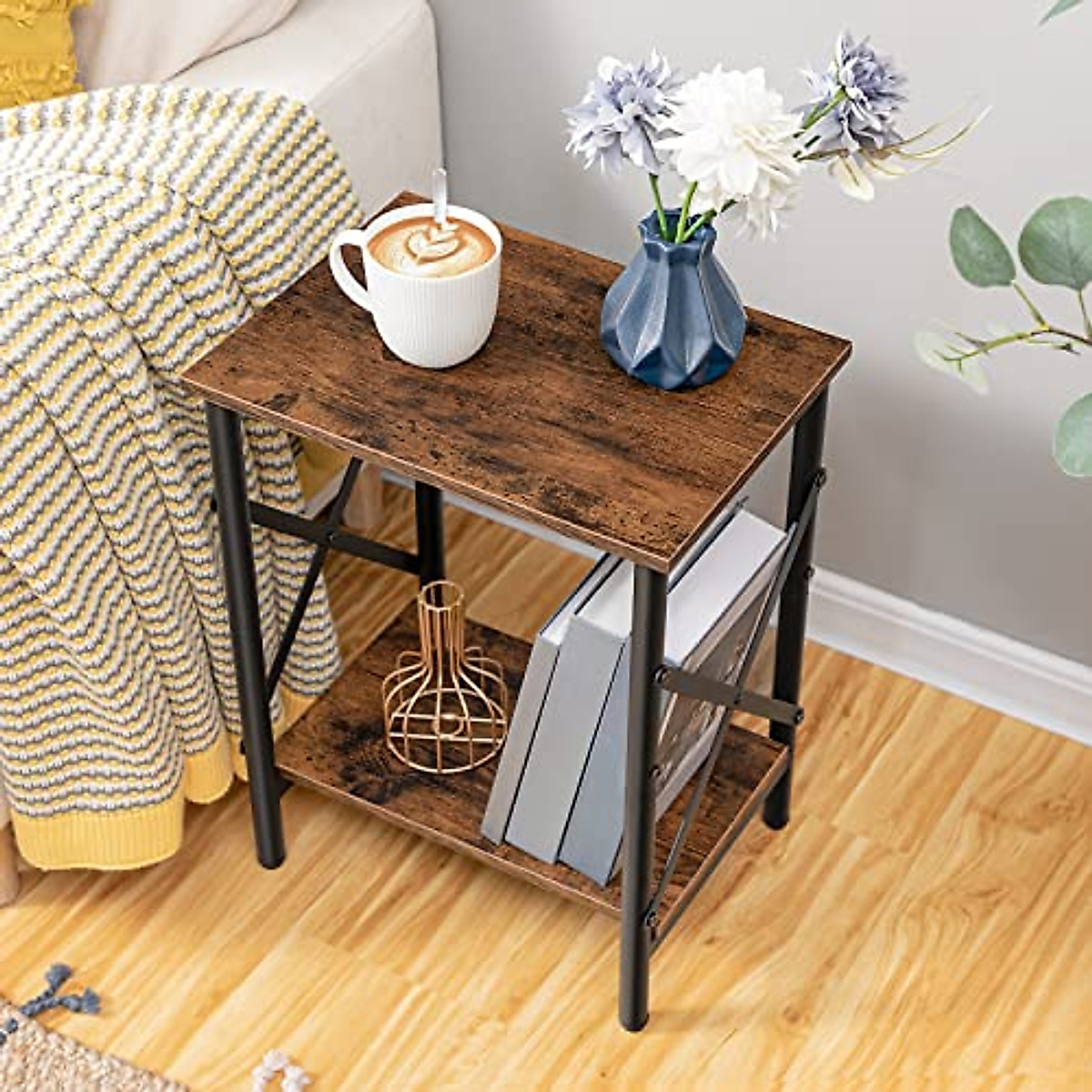 ALLOSWELL Nightstands Set of 2, End Tables with Storage Shelf, Bedside Tables X-Shaped Design, Side Tables for Living Room, Bedroom, 14.6 x 10.6 x 19.9 Inches, Easy Assembly, Rustic Brown ETHR2801S2