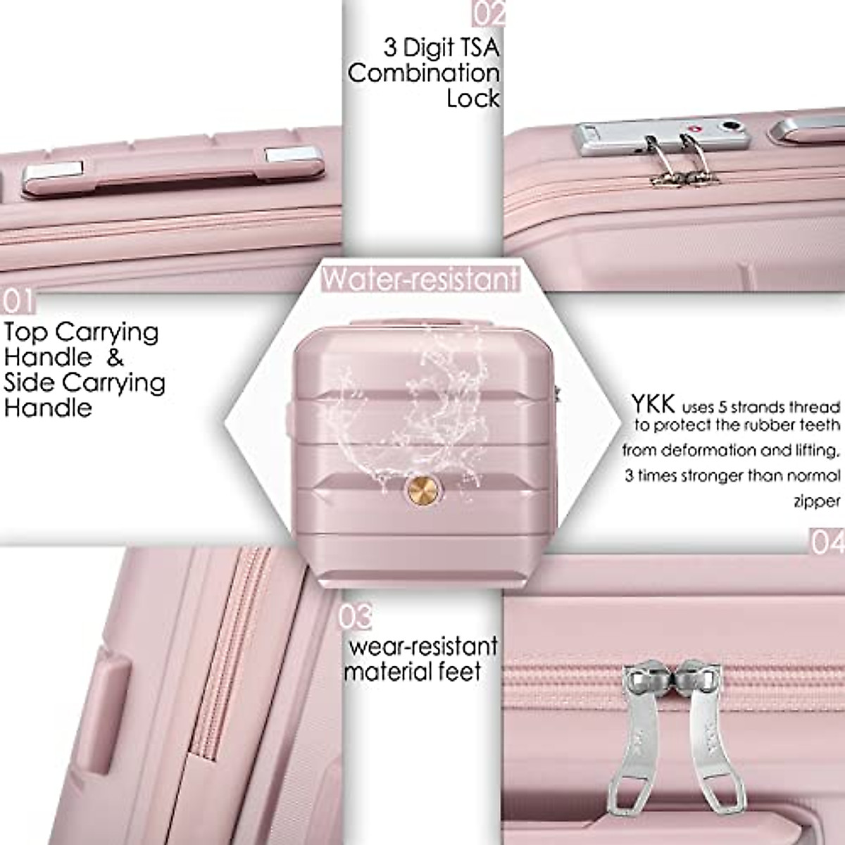Somago 4 Pieces Luggage Set(14/20/24/28) PP Lightweight 4 Double Rolling Wheels Suitcase With TSA Lock & YKK Zipper Bussiness Trip (Rose Pink)
