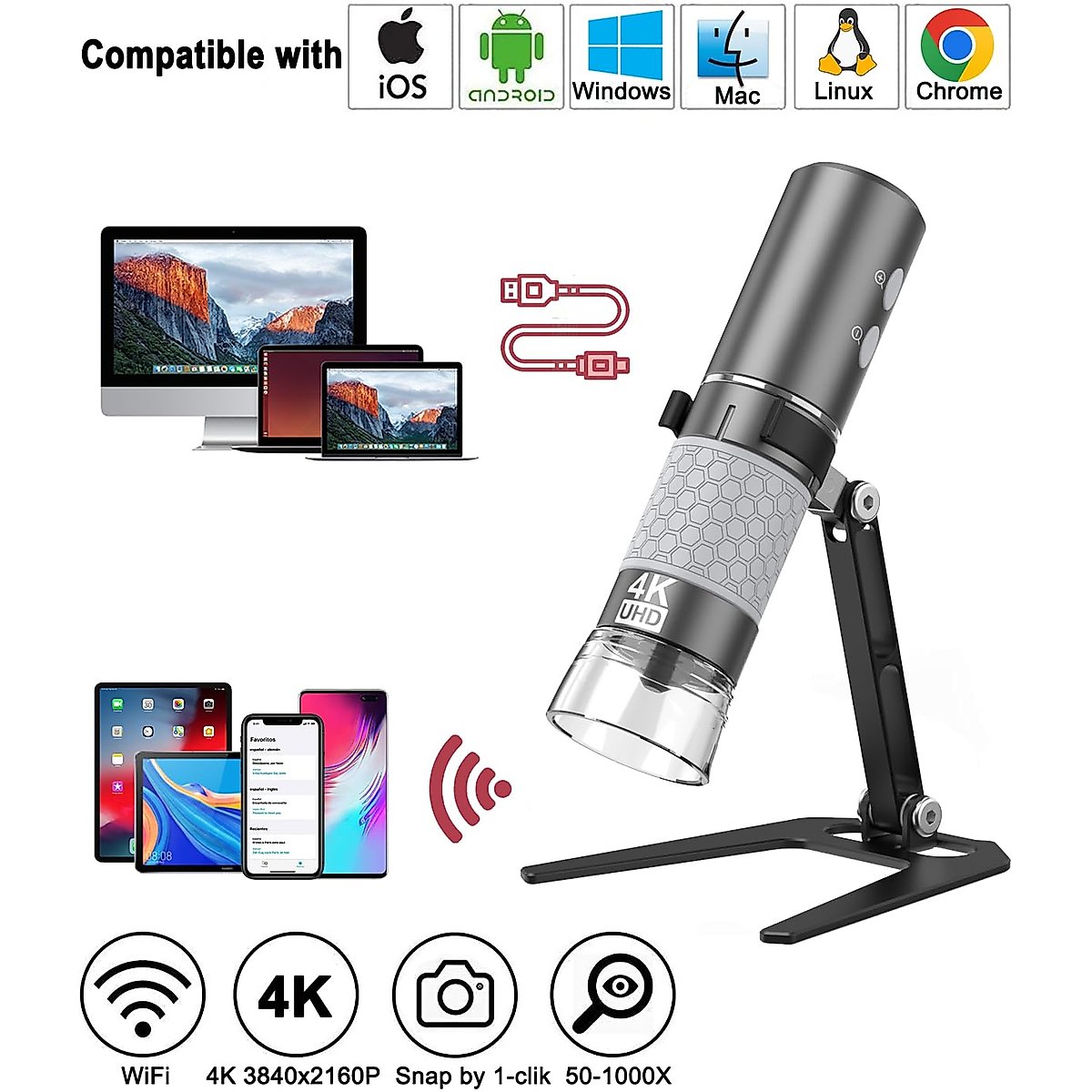 Jiusion WiFi USB Digital Handheld Microscope, 50 to 1000x Wireless Magnification Endoscope 4K 3840x2160P Camera 8 LEDs with Metal Stand for iPhone iPad Android Mac Windows Linux Chrome