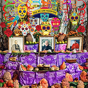 Supla 32 Pcs Day of The Dead Hanging Swirl Decorations Mexican Party Swirls Streamers Hanging Ceiling Décor with Assorted Sugar Skull Rose Bird Flower Cutouts for Día de Los Muertos Halloween Party