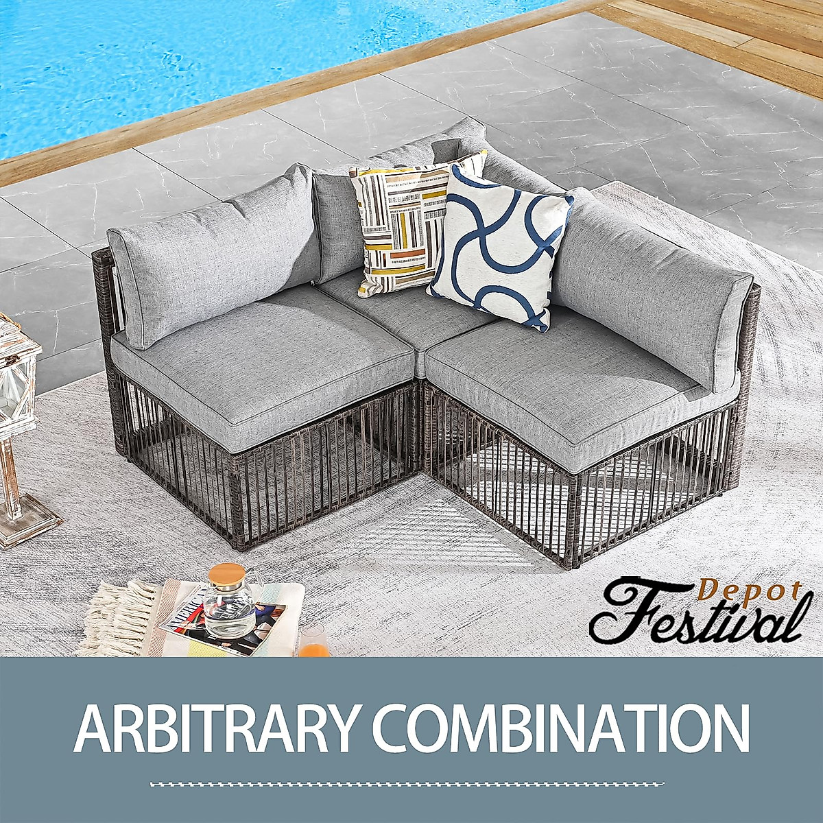 Festival Depot 3 Pieces Patio Conversation Set Sectional Corner Sofa Combination Outdoor Furniture All-Weather Wicker Metal Armless Chairs with Seating Back Cushions Garden Deck Poolside (Grey)