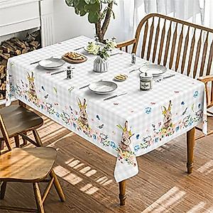 Horaldaily Easter Tablecloth 60x84 Inch, Spring Flower Buffalo Plaid Bunny Table Cover for Party Picnic Dinner Decor