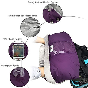 Stroller Hand Warm Muff Pram Gloves with 2 Stroller Hooks Winter Waterproof Anti-Freeze Fleece Baby Stroller Pushchair Warm Gloves Gift for Parents and Caregivers (Purple)