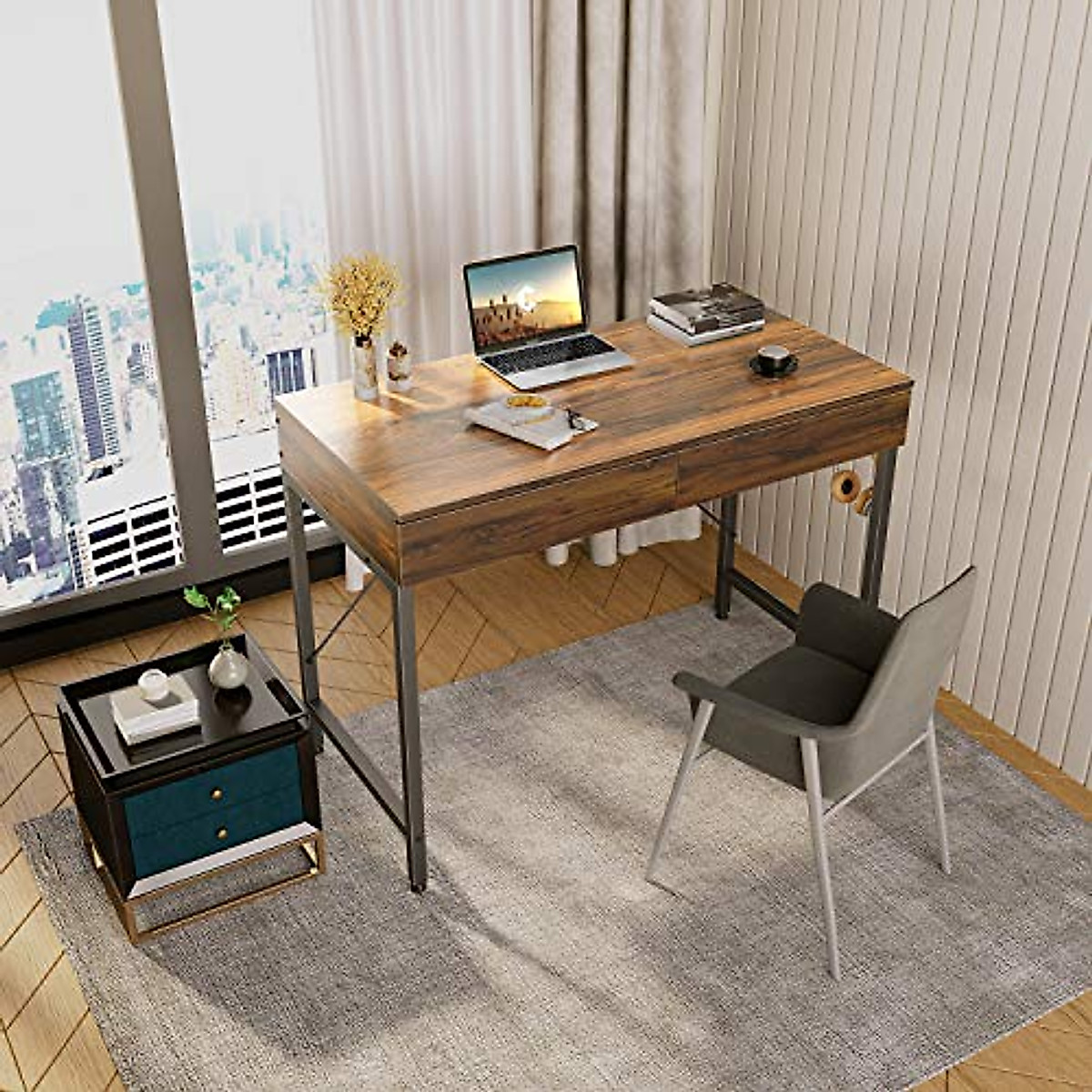 CubiCubi Computer Desk with 2 Storage Drawers, 40 inch Home Office Writing Desk, Study Table for Small Space, Dark Rustic