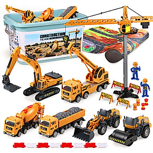PANITU Construction Truck Toy Set with Game Mat and Storage Bucket, Kids Engineering Cargo Transport Vehicles Site Playset, Tractor, Crane, Dump Trucks, Excavator, Gift for 3 + Toddlers Boys Children