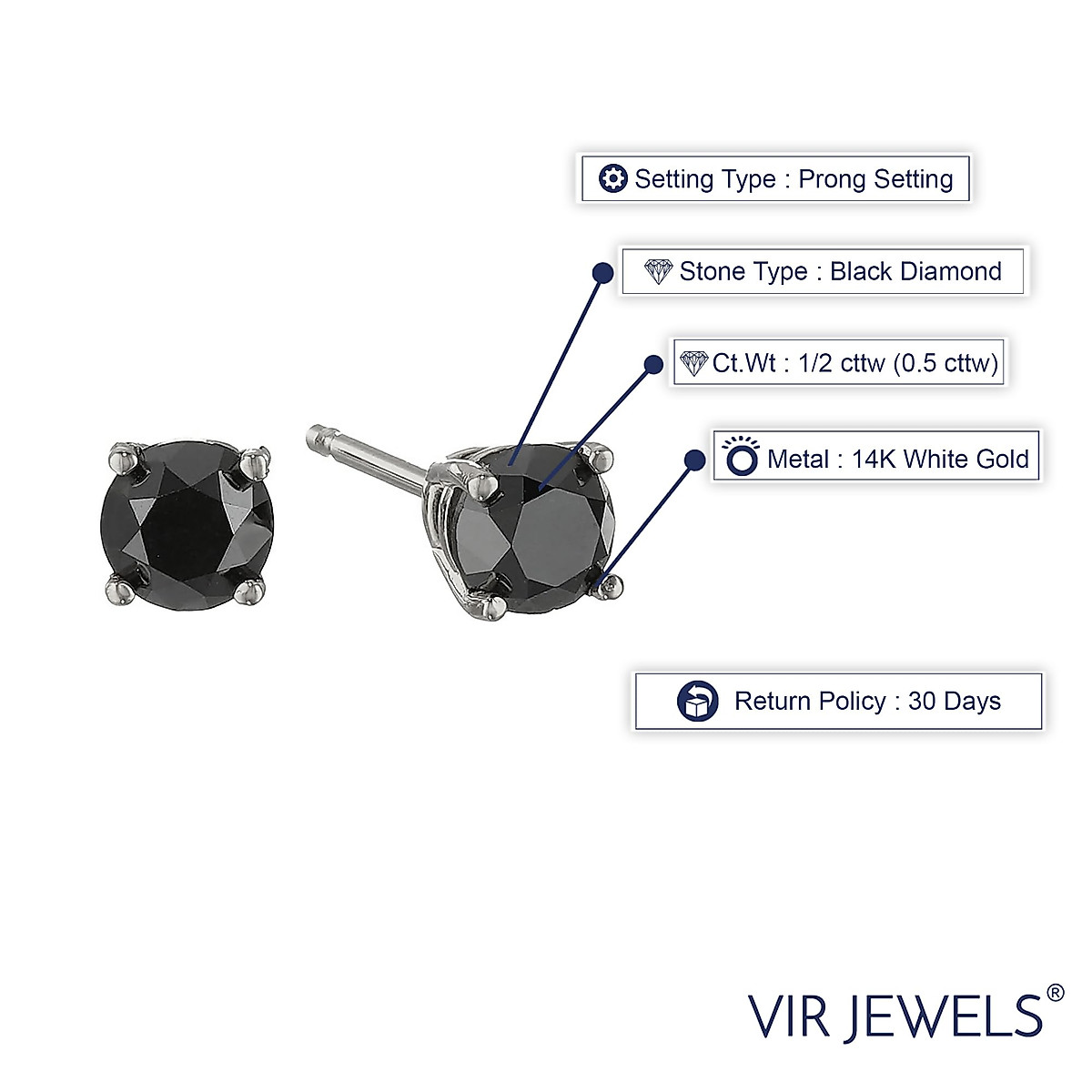 Vir Jewels 1/2 cttw Black Diamond Stud Earrings 14K White Gold Round Push Backs Prong Set