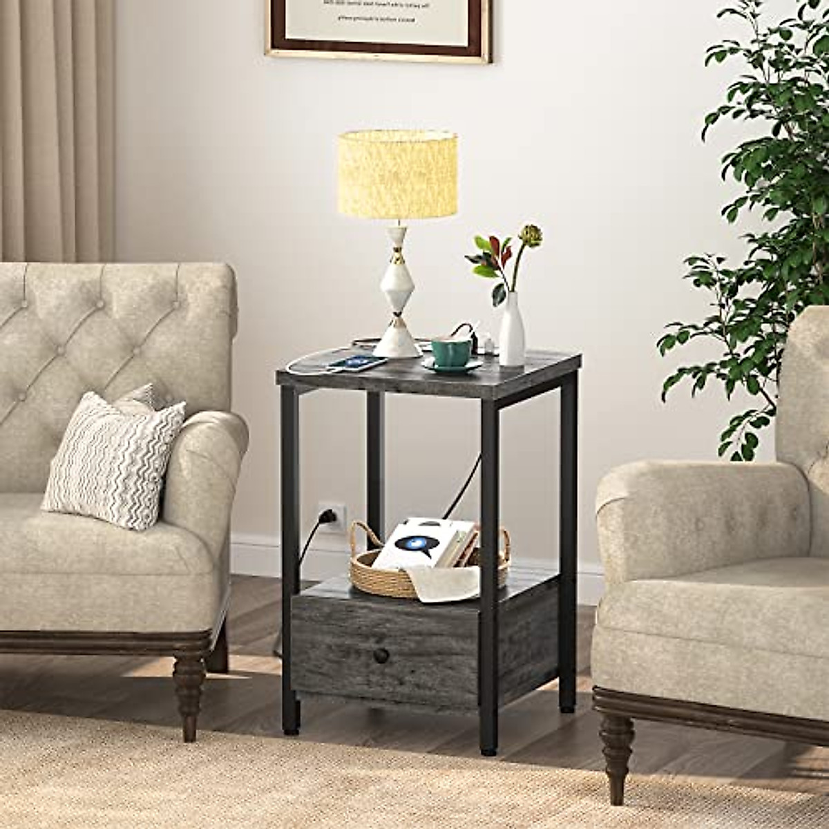Ecoprsio Nightstands Set of 2 with Charging Station, Modern Night Stand Bedside Table with Storage Drawer and Shelf, End Side Table with USB Ports & Power Outlets for Bedroom Living Room, Grey Oak