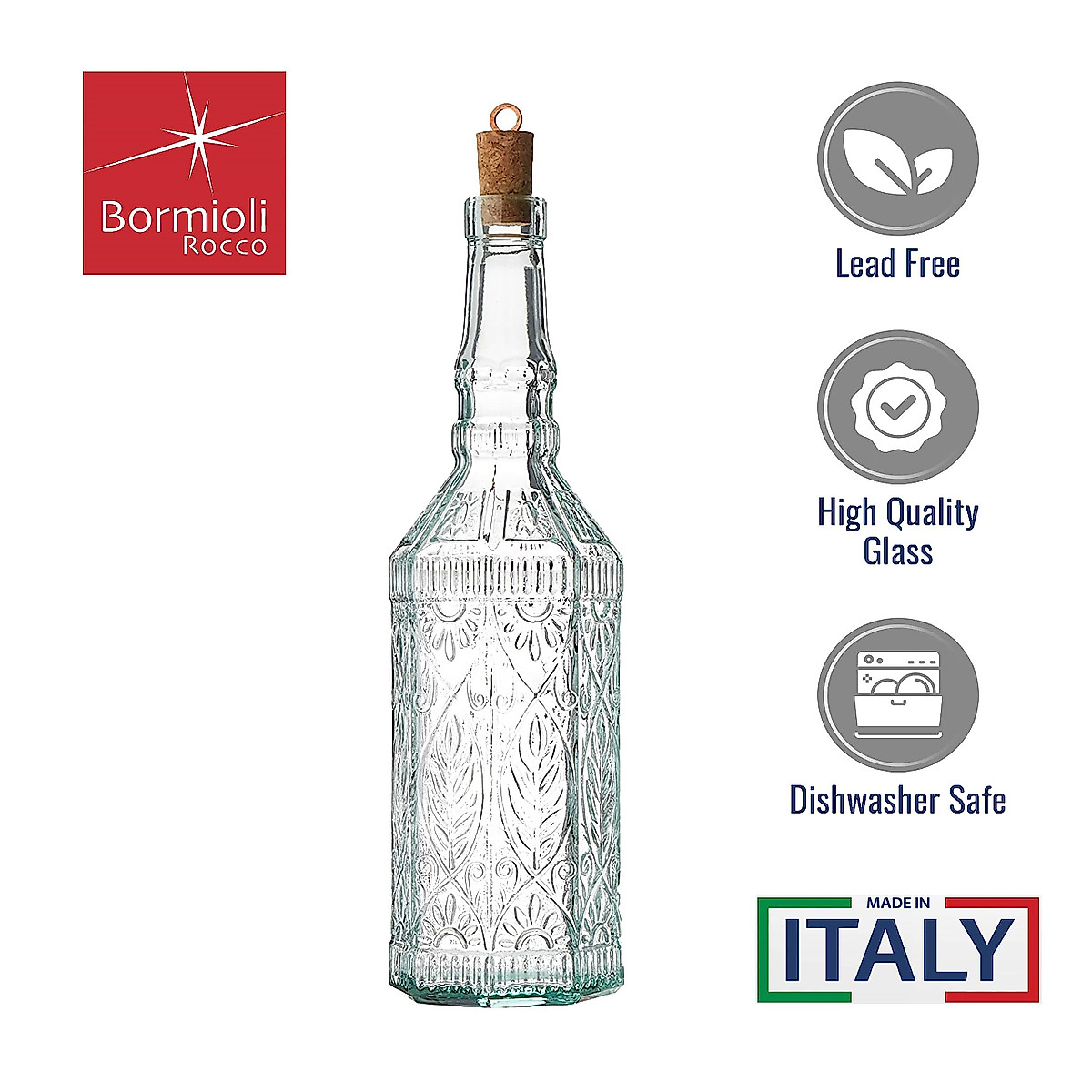 Bormioli Rocco Set Of 2 Country Home Fiesole Bottle, 24-ounce With All Natural Cork Lid, Blue-green Tinted Star Glass, Elegant And Floral Design Made In Italy.