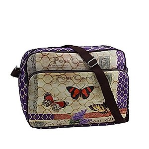 15" Decorative Vintage Style Purple Butterfly Garden Design Crossbody Bag/Purse with Strap