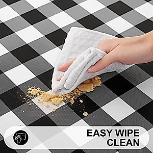 smiry Rectangle Table Cloth Cover, Elastic Waterproof Fitted Vinyl Table Covers for 6 FT Tables, Flannel Backed Buffalo Plaid Tablecloth for Picnic, Camping, Outdoor (Black and White, 30 x 72 Inches)