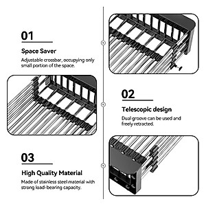 Over The Sink Dish Drying Rack, Retractable Stainless Steel Sink Strainer Telescopic Drain Basket Kitchen Rack Drain Basket Sink Organizer for Vegetable and Fruit(L-Black)