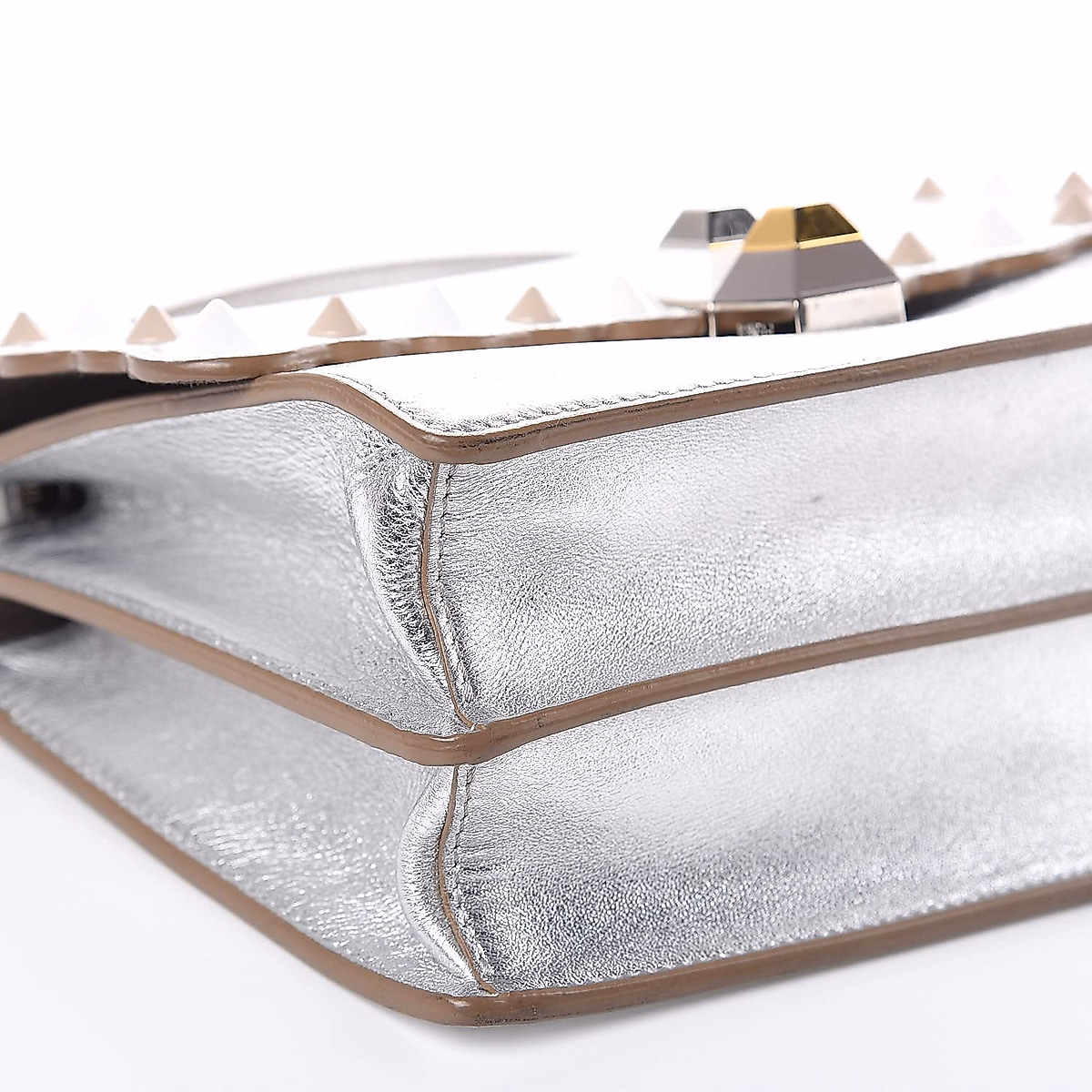 Fendi Kan I Metallic Silver Calfskin Scalloped Studded Small Shoulder Bag 8M0381