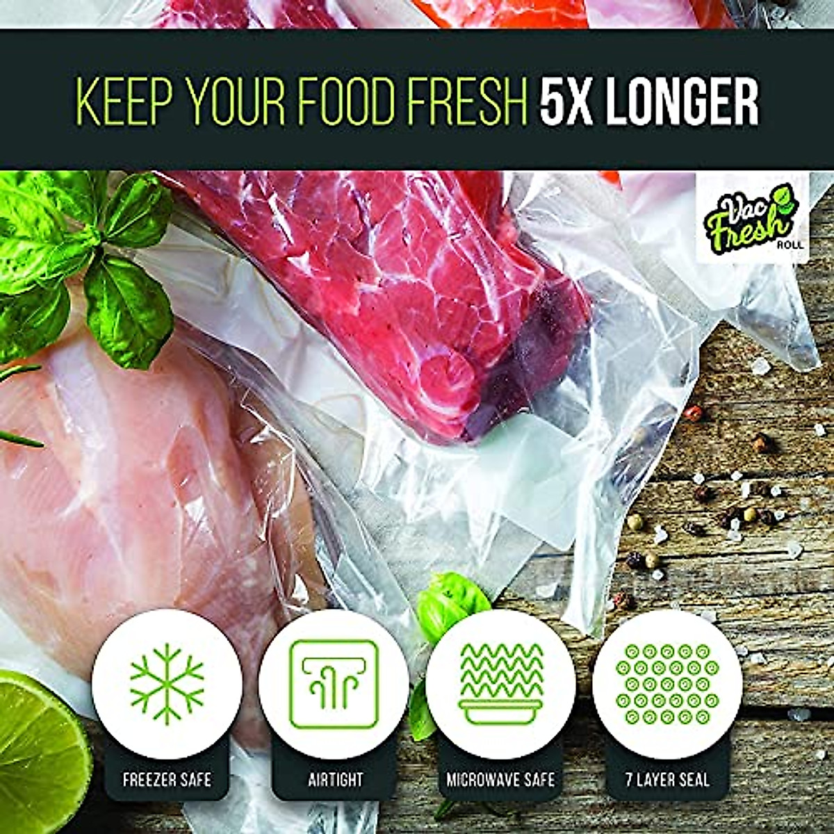 Vac Fresh Food Vacuum Sealer Rolls (2, 15" x 50') 3.5mil Embossed Food Storage Bags, Vacuum Seal Bags for Meal Prep, Sous Vide Bags for Cooking (100 Feet)
