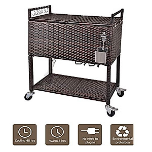 RELAXIXI 80 Quart Rattan Rolling Cooler Cart, Portable Wicker Cooler Trolley, Beverage for Patio Pool Party, Ice Chest with Cutting Board, Bottle Opener, Cap Catch and Cover (Dual Top - Brown Wicker)