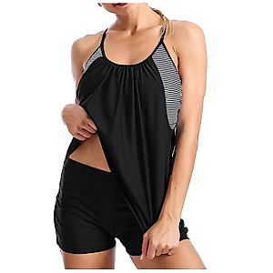 Padaleks Women’s Tummy Control Tankini Swimsuit Two Piece Swimwear Printed Patchwork Bathing Suit with Boyshorts