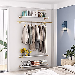 HOMEKAYT Gold Clothing Rack Wall Mounted Garment Rack with Wooden Shelves Set of 3 for Office Bedroom Living Room-GOLD