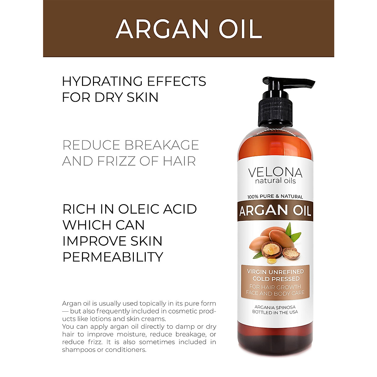 velona Argan Oil - 16 oz | Morocco Oil | Stimulate Hair Growth, Skin, Body and Face Care | Nails Protector | Unrefined, Cold Pressed | Cap Kit