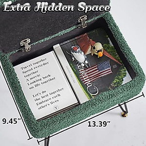 Leesingdo Vanity Stool Chair, Faux Teddy Fur Ottoman Foot Stool with Metal Legs & Adjustable Black Feet, Flip Top Storage Makeup Stool with Soft Padded Seat, Foot Rest for Makeup Room Bedroom, Green