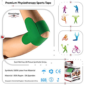 Kinesiology Tape Precut with Dispenser - Synthetic Sports Muscle Tape - Green - 5m Roll - 20 Strips - Physiotherapy Tape for Face, Neck, Shoulder, Back, Elbow, Wrist, Knee, Calf & Ankle