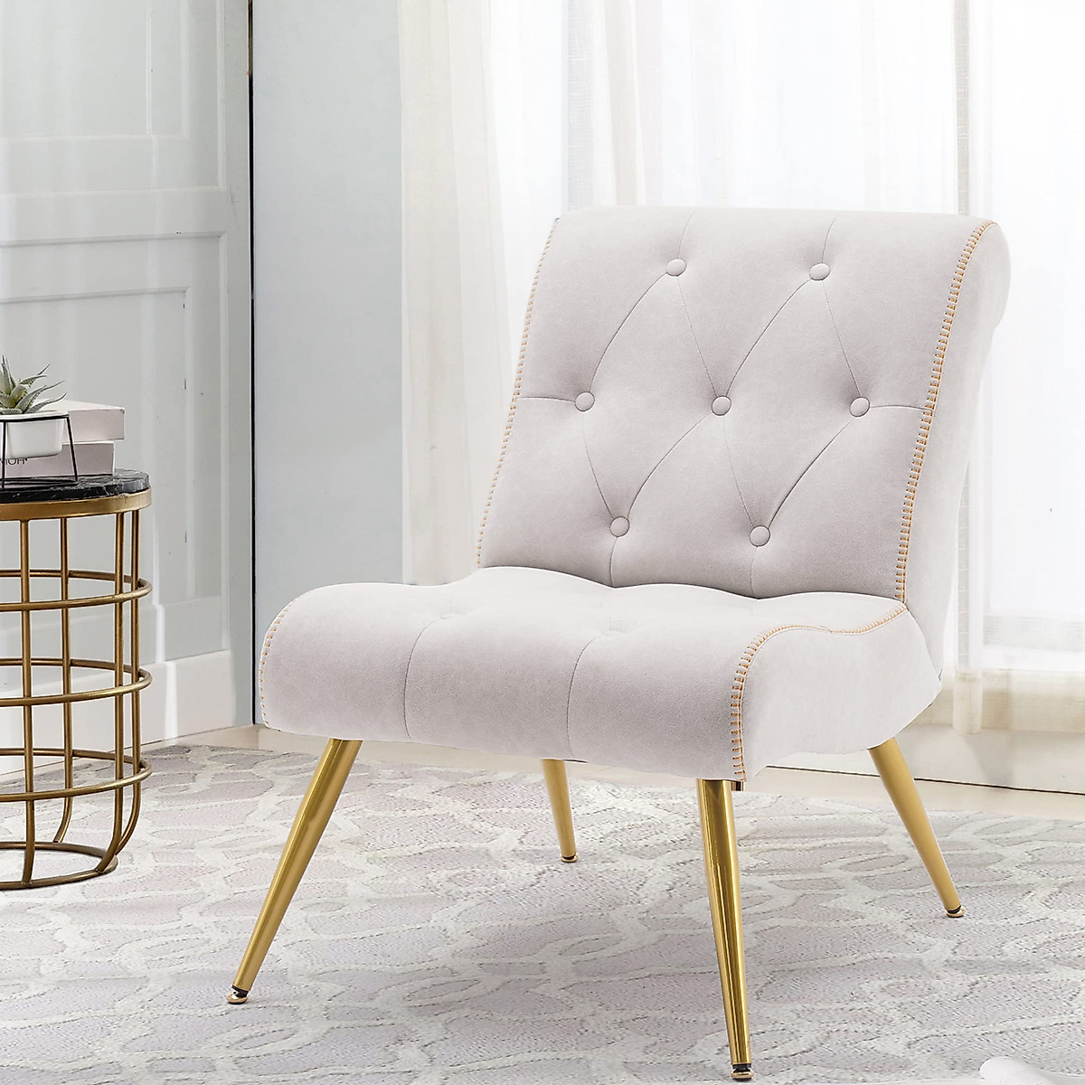 ALISH Modern Accent Chairs, Upholstered Living Room Chairs Armless Accent Chairs Lounge Chairs for Living Room Bedroom with Metal Legs Beige