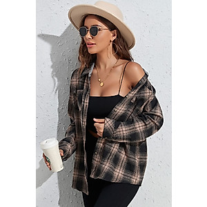 KevaMolly Plaid Long Sleeve Flannel Shirts for Women Loose Fit Boyfriend Button Down Shirt Casual Flannel Blouse Tops Brown Black M