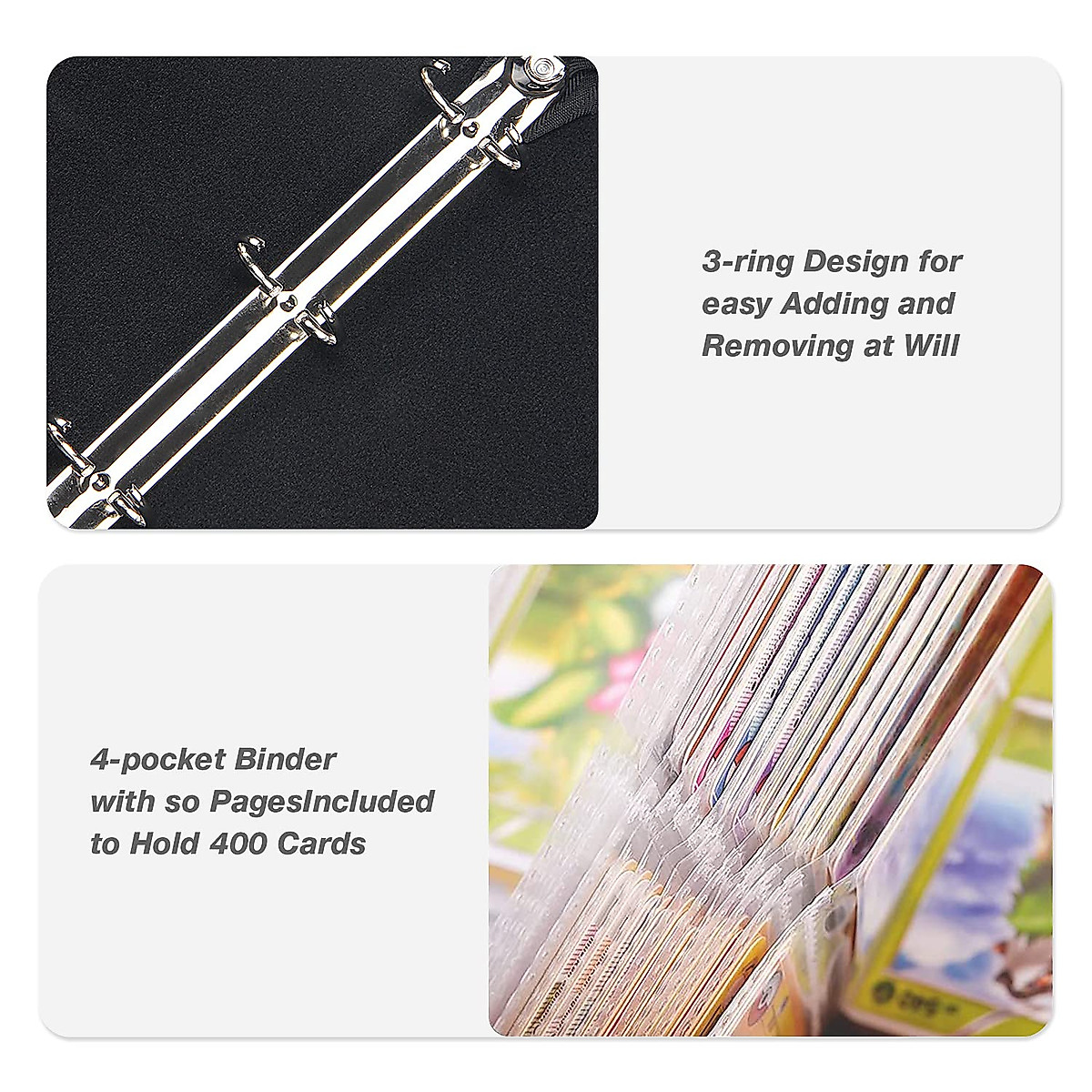 400 Pockets PACKAPRO Trading Cards Binder -Zipper Sports Cards Collector with Removable Sleeves - Card Binders Album Folder Holder for TCG Yugioh Cards Binder Boys Girls Gifts - Metal Grey