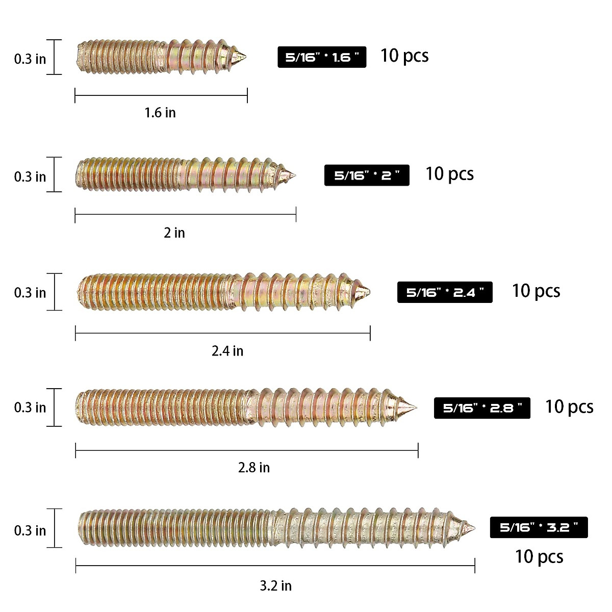 50pcs 8x30/40/50/60/70/80MM Dowel Screw Zinc Plated Iron Double Ended Screw Self Tapping Furniture Screw