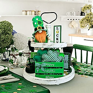 St Patricks Day Decorations for Home, Green Wooden Crate with Irish Plush Gnome & 3 Clover Pillows, Happy St Patrick‘s Day Table Centerpiece, Shamrock Tiered Tray Decor Table Mantle Shelf Irish Gifts