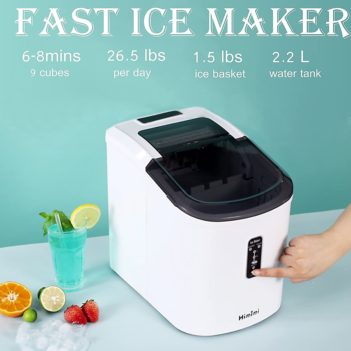 Himimi Ice Maker Machine for Countertop, Summer Chill on Ice, 9 ice Cubes in 6-8 Minutes, 26 Pounds in 24 Hours, Portable Electric Ice Cube Makers Counter Top Decent Snowy White with Scoop and Basket