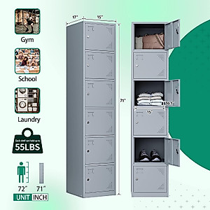 Letaya Metal Lockers for Employees,71" Steel Storage Cabinet with 6 Door Lockable for Office Staff,Home Sundries,Gym,School (Gray)