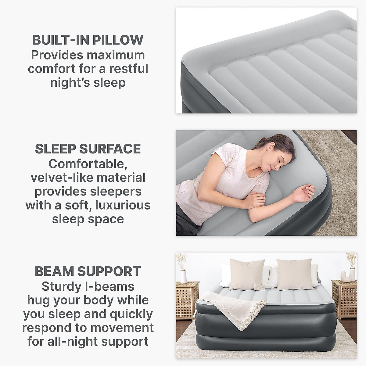 SLEEPLUX Durable Inflatable Air Mattress with Built-in Pump, Pillow and USB Charger, 22" Tall Queen