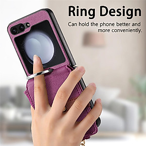 Asuwish Compatible with Samsung Galaxy Z Flip 5 5G 2023 Wallet Case and Card Slot Holder Ring Magnetic Clasp Cell Accessories Protective Zipper Phone Cover for ZFlip5 Z5 Flip5 5Z Flip5case Purple