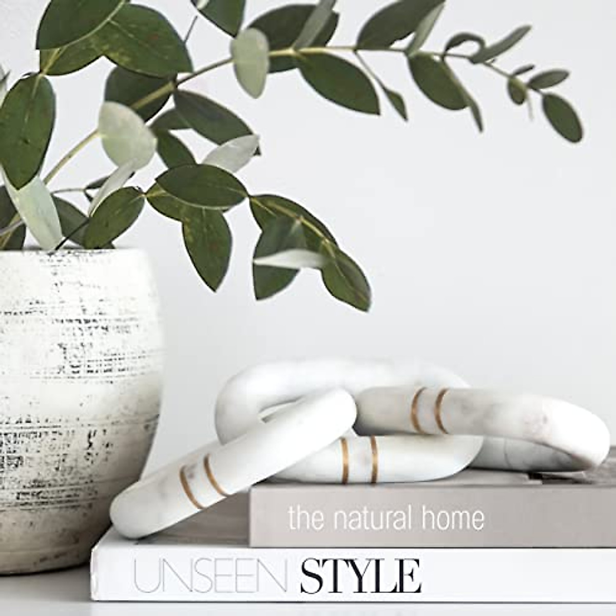 STRONA 13" White Marble Chain Link Decor with Brass Detail - Marble Decor, Coffee Table Decor, Bookshelf Decor, Rustic Farmhouse Shelf Decor, Modern Bedroom and Living Room Decorative Accent