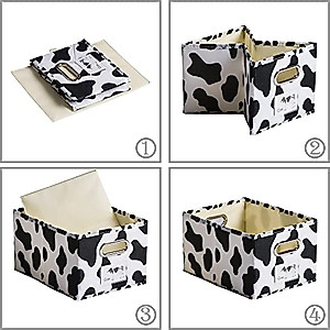 PRANDOM Collapsible Storage Baskets for Closet [3-pack] Decorative Linen Fabric Storage Bins Cubes with Metal Handles for Shelves Bedroom Living Room Cows (11.5x8.5x6.7 Inch)