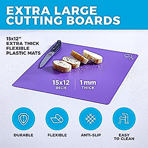 Extra Thick Flexible Plastic Cutting Board Mats with Food Icons & EZ-Grip Waffle Back, (Set of 6) Dishwasher Safe