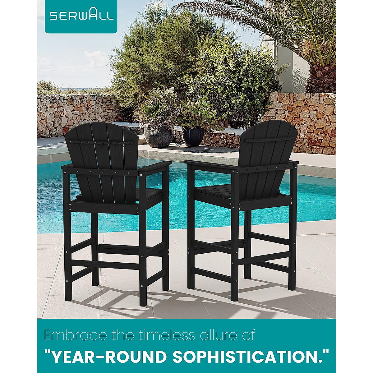 SERWALL Tall Adirondack Chairs Set of 2, HDPE Bar Height Outdoor Chairs, Wood-Like Adirondack Bar Stools for Patio, Balcony, Porch, Black