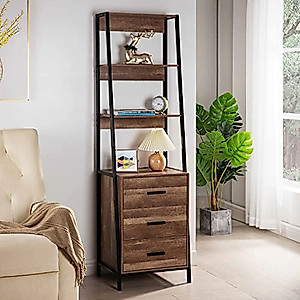 Parker Industrial Ladder Shelf Bookcase with 3 Drawers and 4 Open Shelves Ladder Bookshelf, Wooden Ladder Shelves with Metal Frame, Freestanding Display Bookcase for Living Room, Home Office, Walnut