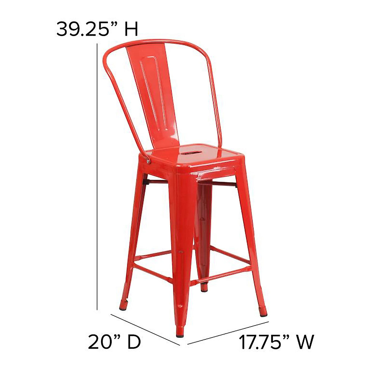 Flash Furniture Kai Commercial 24" High Indoor-Outdoor Counter Height Stool - Red Galvanized Steel Frame - Red Square All-Weather Poly Resin Seat - Removable Back