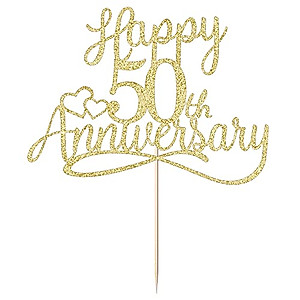 Sleyberoy Glitter Happy 50th Anniversary Cake Toppers -Wedding Anniversary Party Decorations, 50th Wedding Anniversary, Company Anniversary Party, Birthday Party Decorations (50thGold)（Fifty）