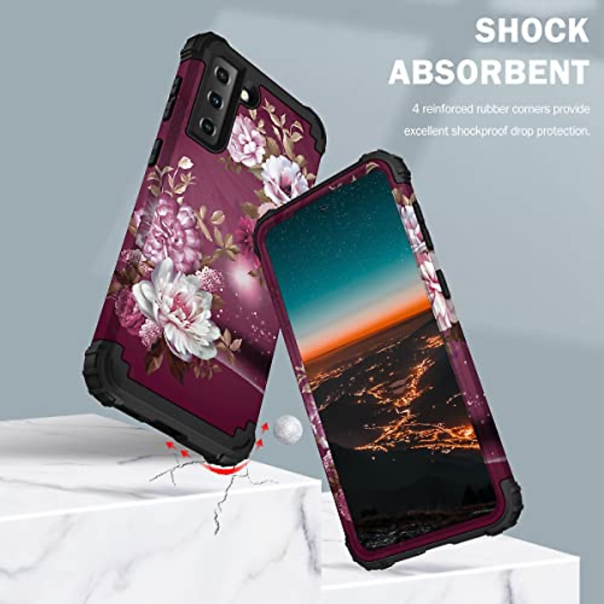 Hocase for Galaxy S21 FE 5G Case, Heavy Duty Shockproof Protection Soft Silicone Rubber+Hard Plastic Bumper Hybrid Protective Case for Samsung Galaxy S21 FE (6.4" Display) 2021 - Burgundy Flowers