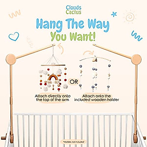 Clouds and Cactus Crib Mobile Arm 33 Inches for Baby Nursery - 100% Natural Beech Wood with Extra Matching Wooden Holder Attachment and Anti Slip Clamping System (Straight)