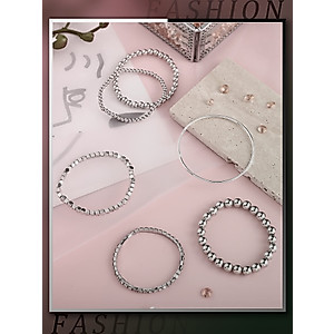 6 Pieces Bracelets Set for Women Stackable Elastic Bead Ball Bracelet Thin Bangle Bracelet Stretch Cubic Bead Bracelet Tennis Bracelet with Round Moissanite (Silver)