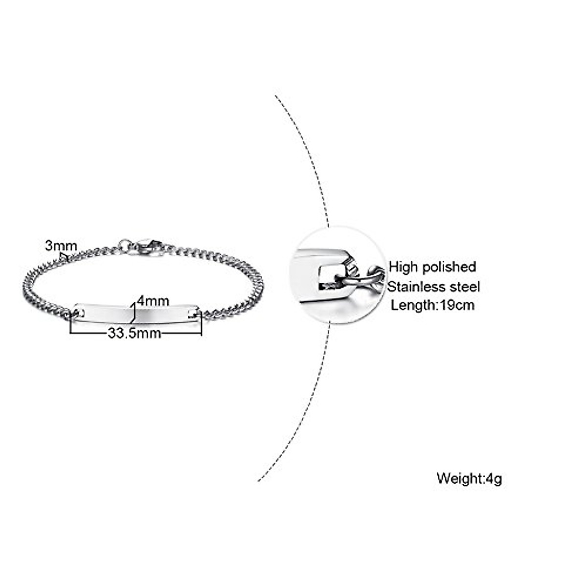 HUANIAN Personalized Custom Engraving Plain Stainless Steel ID Bracelets, Name Plate Identity Bracelet