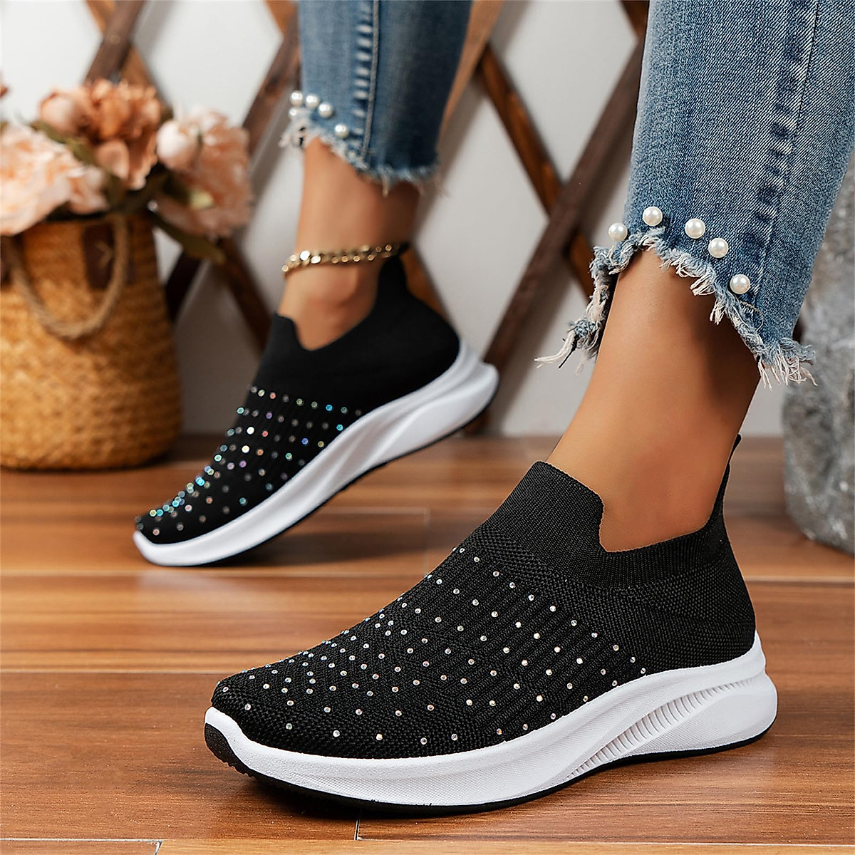 HINDOLA Women's Fashion Rhinestone Mesh Sneaker Knit Slip On Shoes Breathable Glitter Walking Shoes Ballroom Jazz Latin Dance Sock Sneakers Black