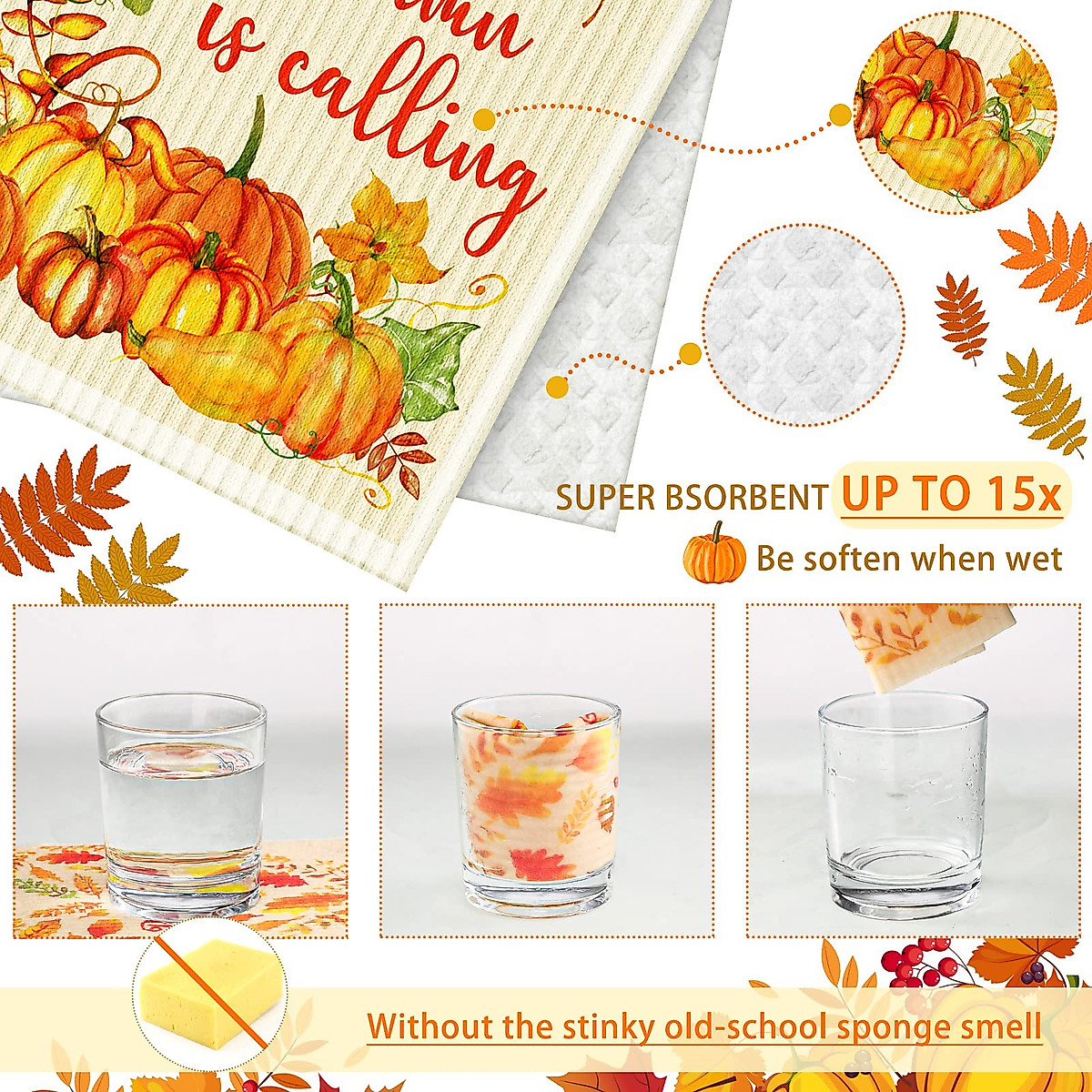 Thanksgiving Swedish Kitchen Dishcloths Pumpkins Multi Purpose Kitchen Towel Absorbent Fall Dish Clothes Soft Reusable Cleaning Dish Cloths Washable Decorative Tea Towels (Autumn Style, 6 Pcs)