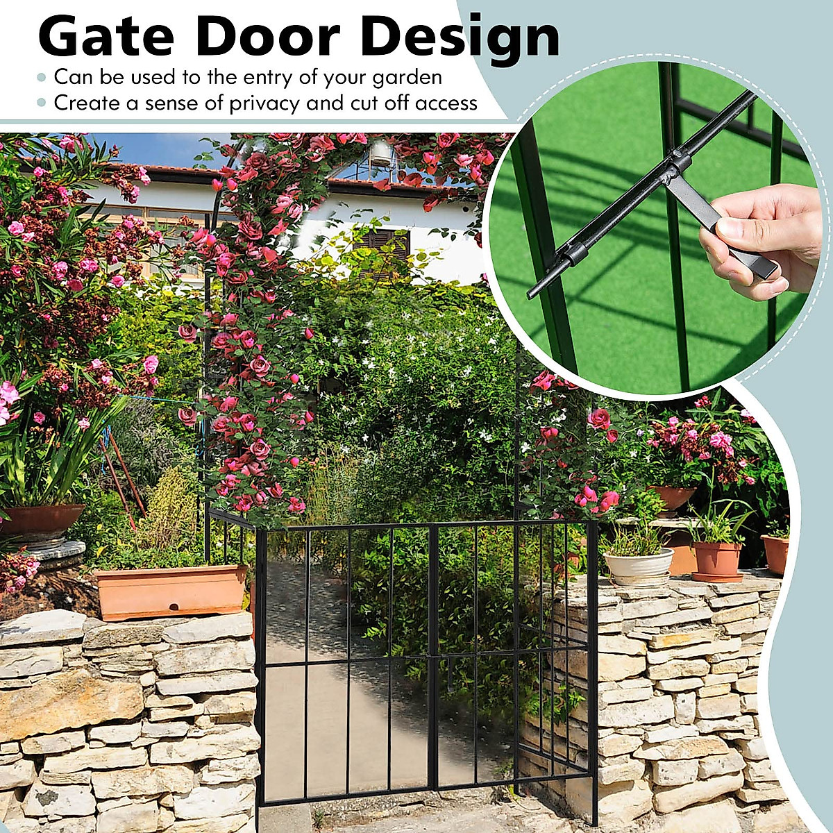 Giantex Garden Arbor Trellis with Door, 7.5FT Metal Garden Arch with Gate and Stakes for Climbing Plants Rose Vine, Arbors and Trellises Pergola for Lawn Patio Wedding Bridal Party Decoration
