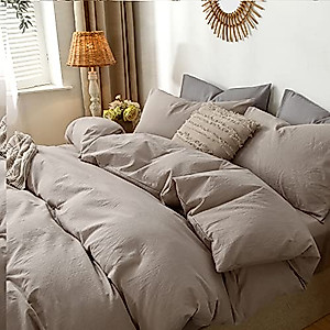 MooMee Bedding Duvet Cover Set 100% Washed Cotton Linen Like Textured Breathable Durable Soft Comfy (Taupe, King Size)