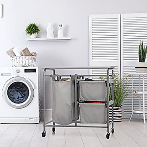 HollyHOME Laundry Hamper with Shelf 3 Section Laundry Sorter Cart with Wheels and Ironing Board Laundry Basket Shelf Organizer with Table Top 2 Drawers Grey