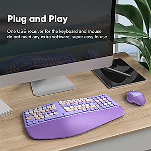 Wireless Ergonomic Keyboard and Mouse Combo with PU Wrist Rest, Carpal Tunnel Keyboard, 2.4G Colorful Split Ergo Keyboard, Comfortable Natural Typing, Compatible with PC/Laptop (Purple)